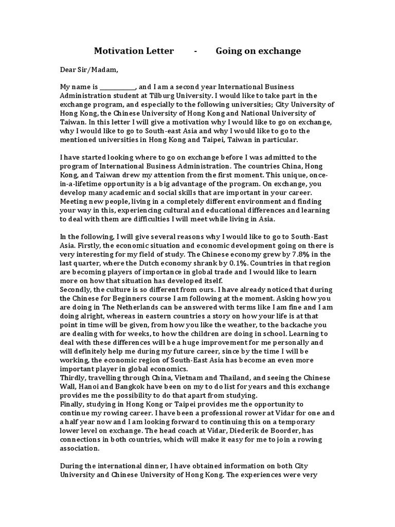 Motivation Letter for Exchange Program | PDF | Taiwan | Hong Kong