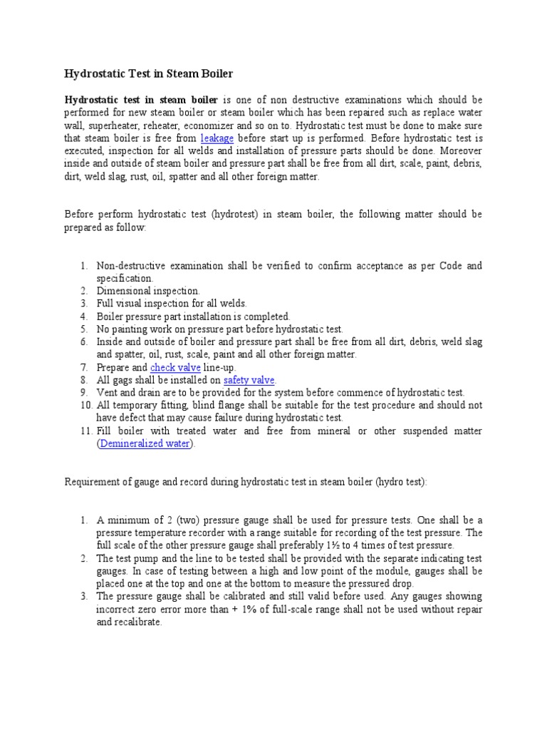 Hydrostatic Test in Steam Boiler | PDF | Boiler | Pressure Measurement