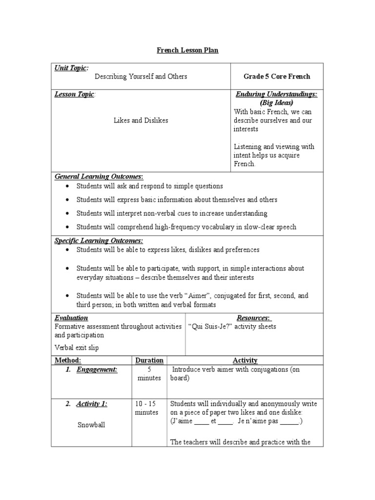 Unit Topic:: French Lesson Plan | PDF