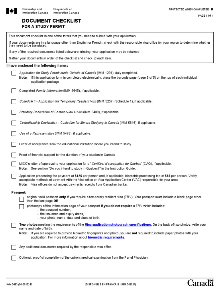 Study Permit Document Checklist Canada | PDF | Travel Visa | Passport