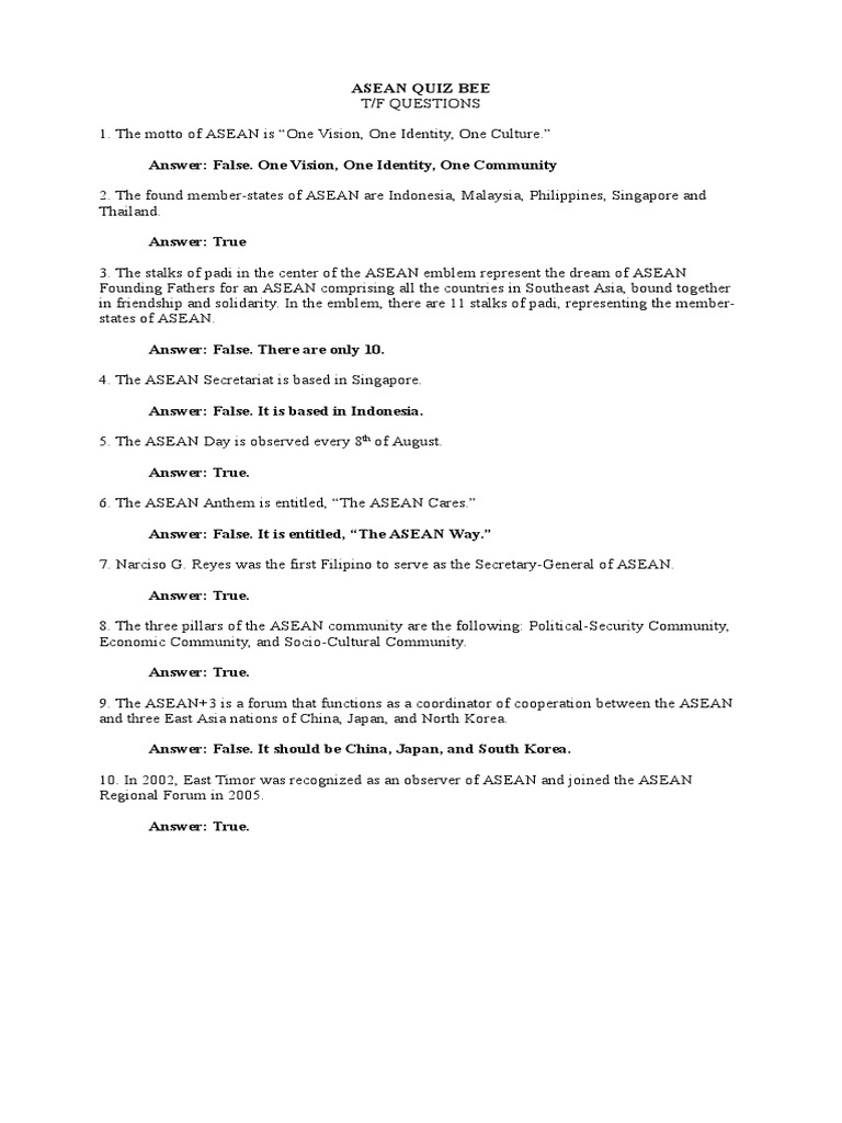 Asean Quiz Bee | PDF | Asean Free Trade Area | Association Of Southeast ...