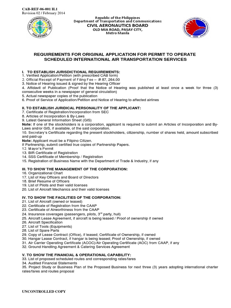CAB - CPCN:Permit To Operate Application - Doc Requirements | PDF | By ...