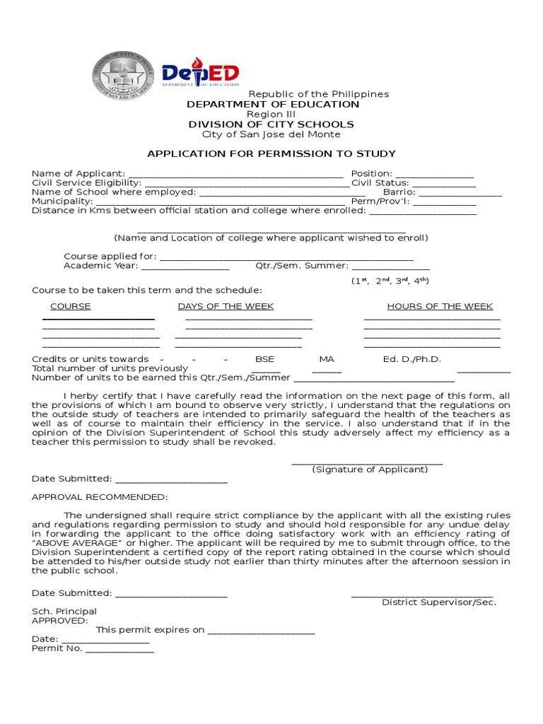 Department of Education Division of City Schools Application For ...