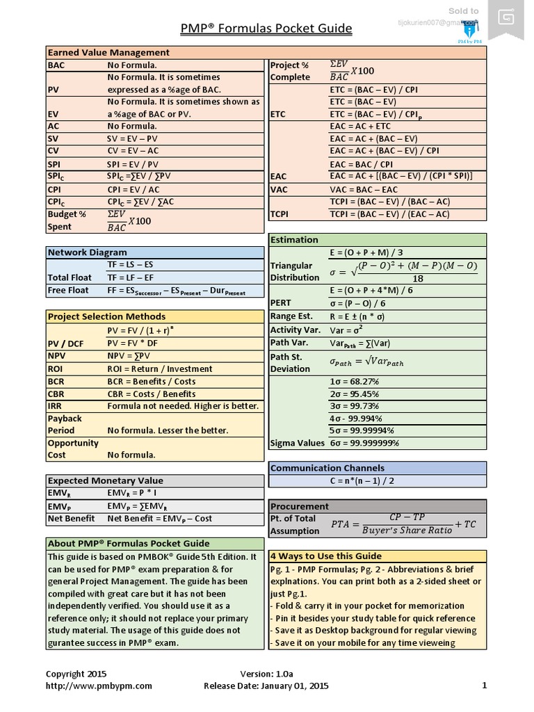 PMP Formulas Pocket Guide | PDF | Net Present Value | Internal Rate Of Return