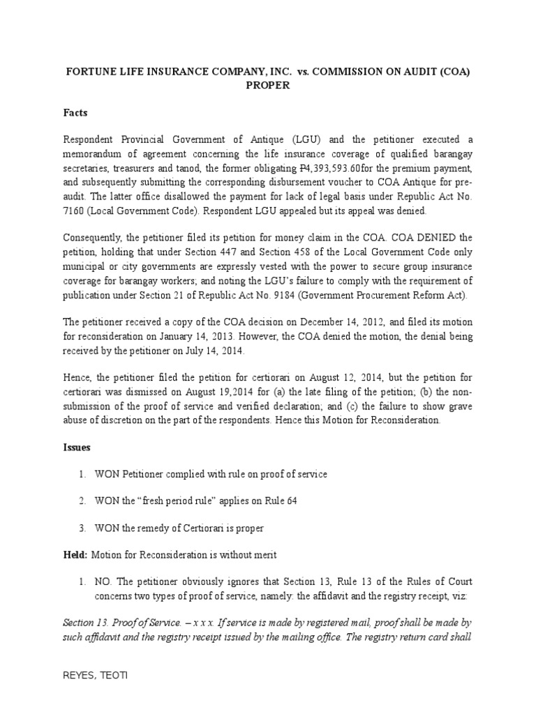 Fortune Life Insurance Co., Inc. v. COA, G.R. No. 213525 | PDF ...