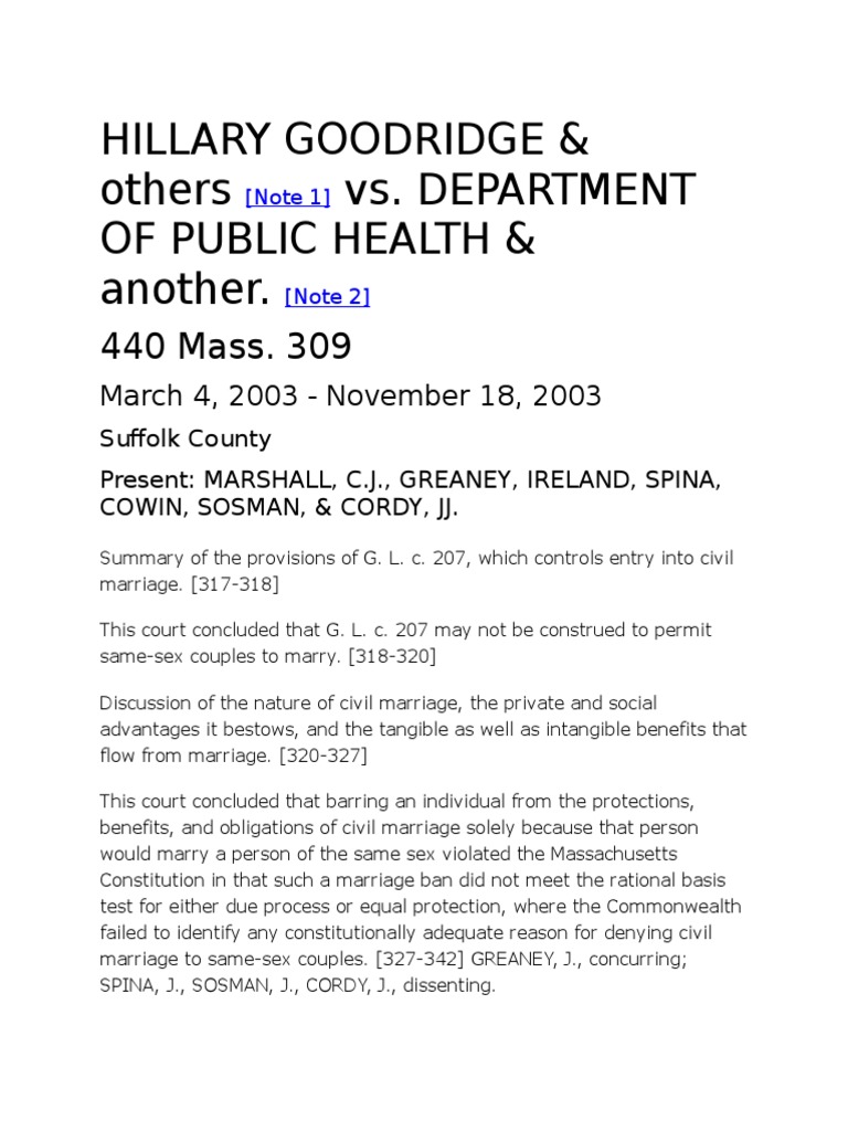 Goodridge V Department of Public Health, 440 Mass 309 (203), USSC | PDF ...