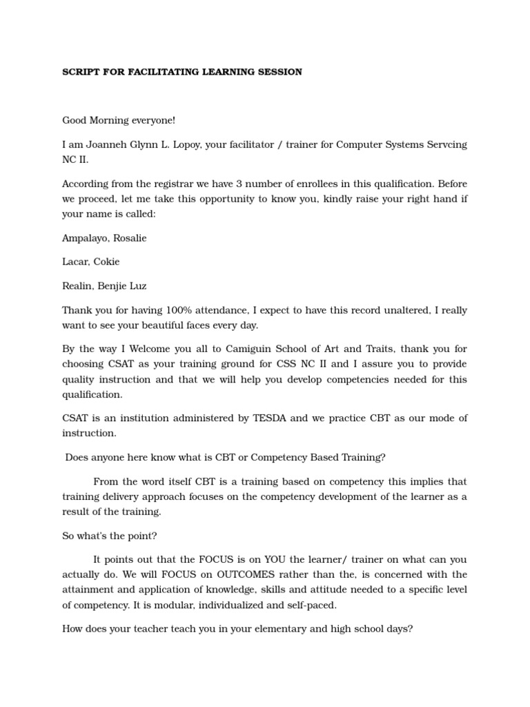 Script For Facilitating Learning Session | PDF | Educational Technology ...