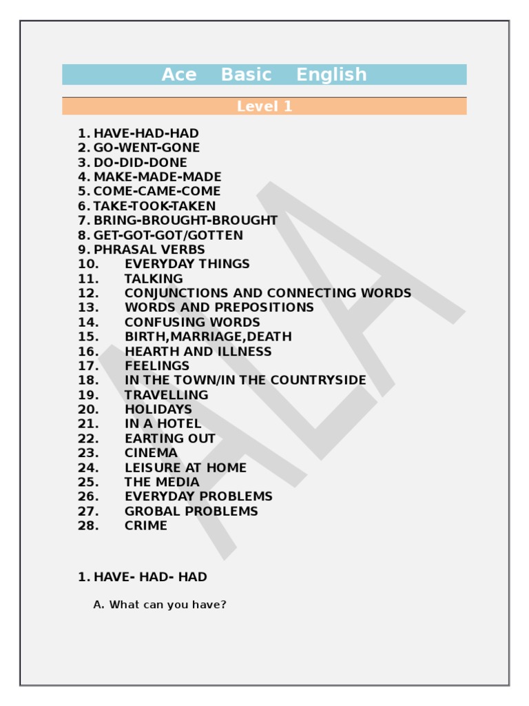Ace Basic English: Level 1 | PDF | Foods