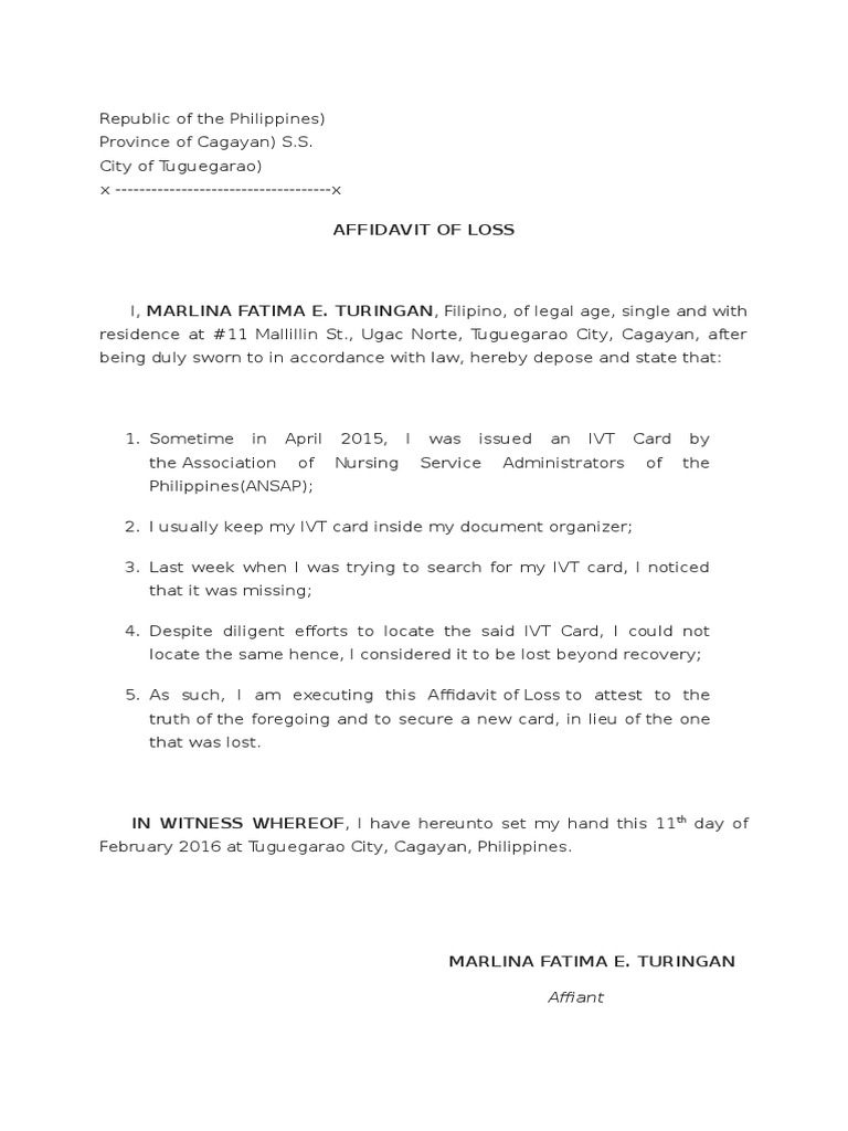 Affidavit of Loss Ivt Card | PDF