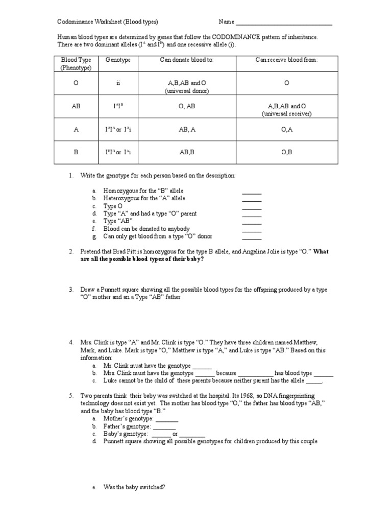 ABO Blood Type Worksheet_0 | Allele | Dominance (Genetics)