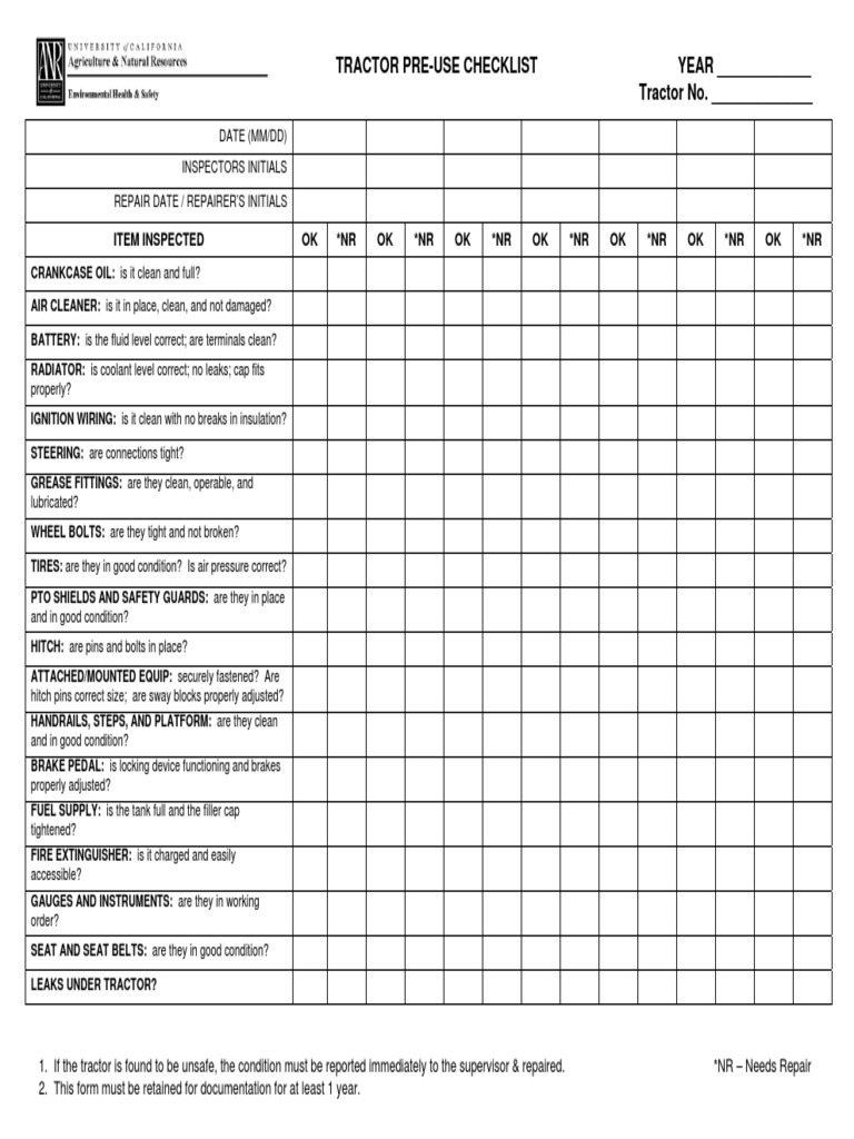 Tractor Pre-Use Checklist YEAR - Tractor No. | PDF