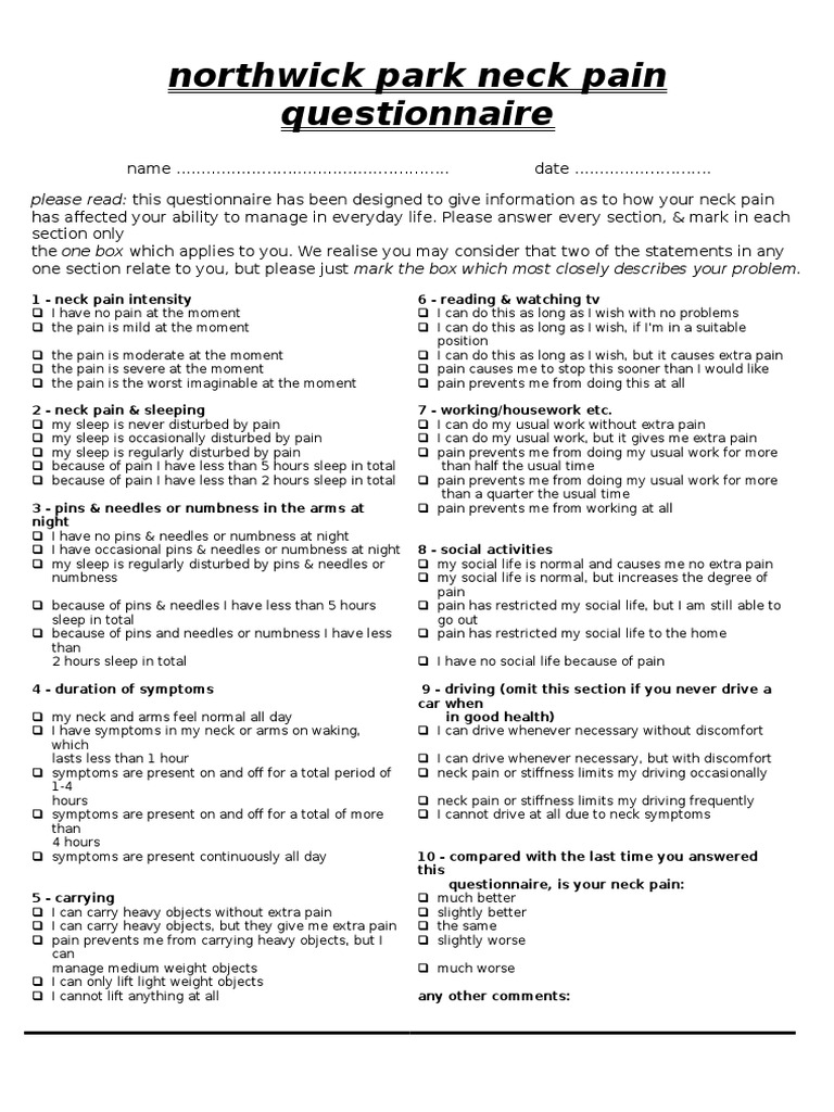 Northwick Park Neck Pain Questionnaire | PDF | Paresthesia | Pain