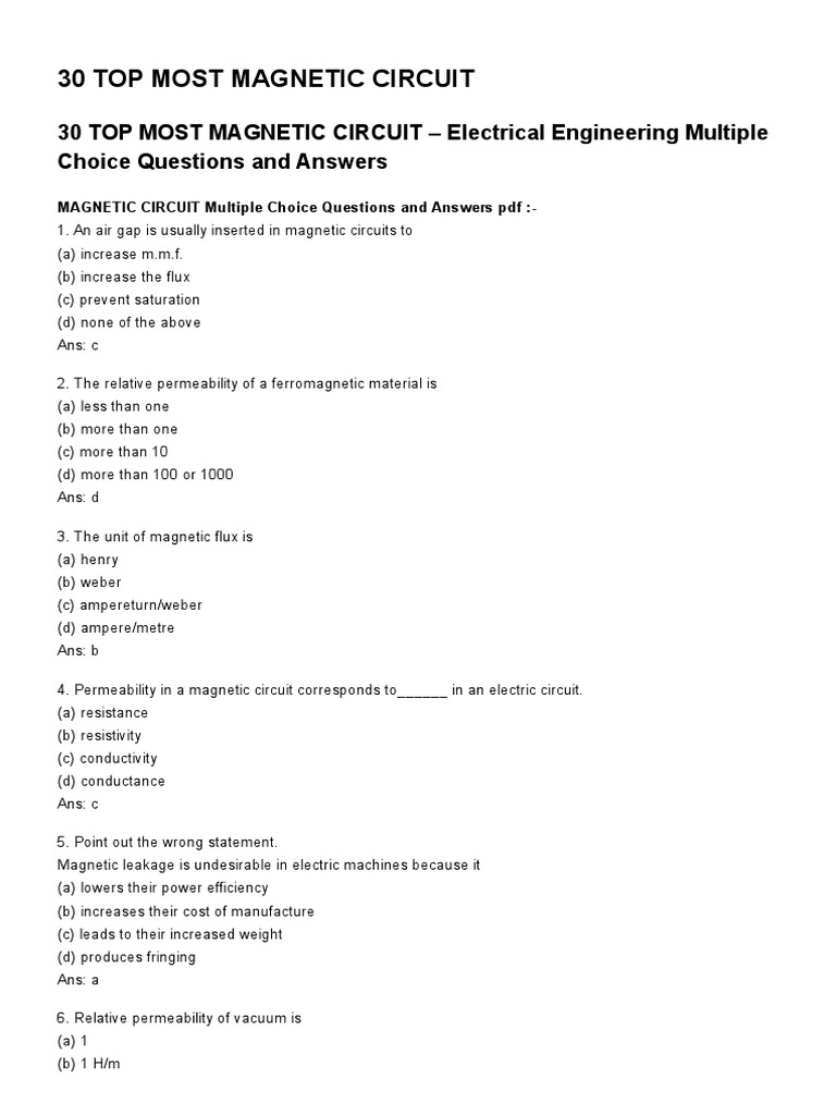 MAGNETIC CIRCUIT - Electrical Engineering Multiple Choice Questions and ...