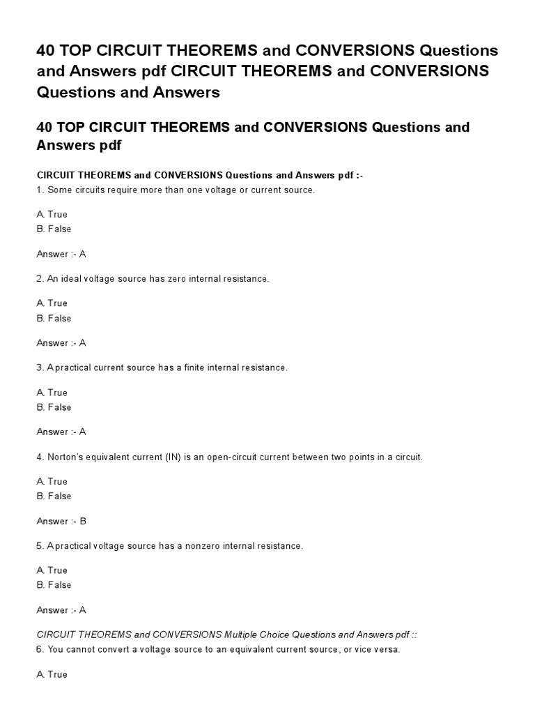 40 Top Circuit Theorems and Conversions Questions and Answers PDF ...