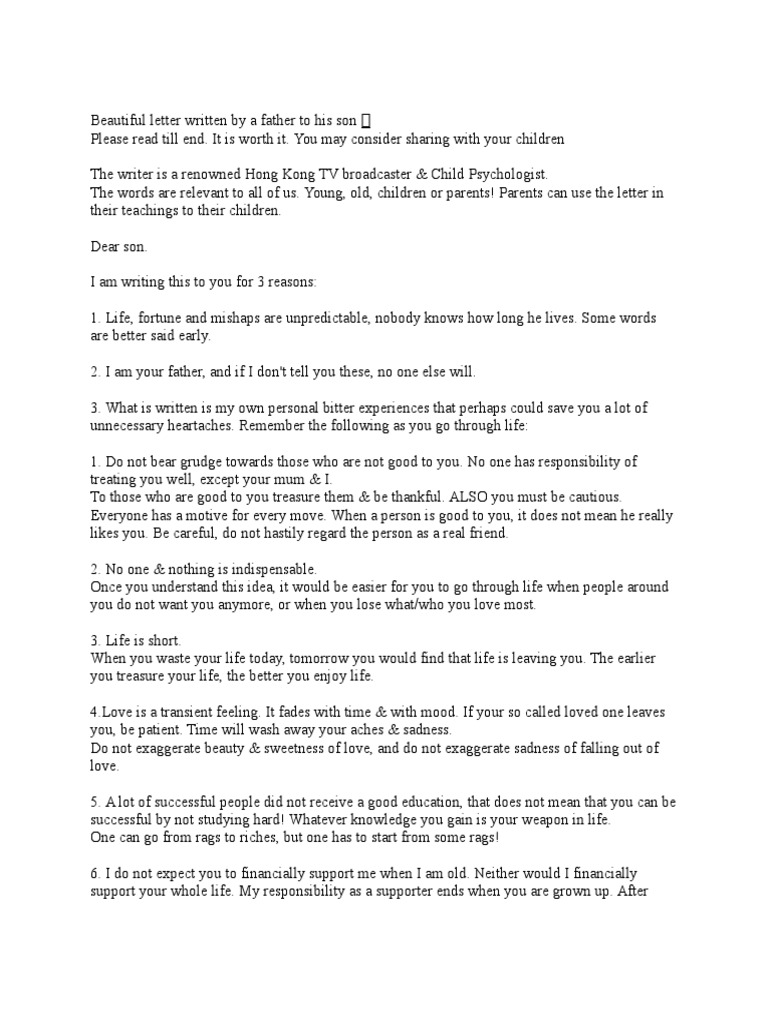 Beautiful letter written by a father to his son