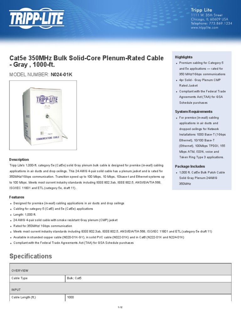 Cat5E 350Mhz Bulk Solid-Core Plenum-Rated Cable - Gray, 1000-Ft | PDF ...