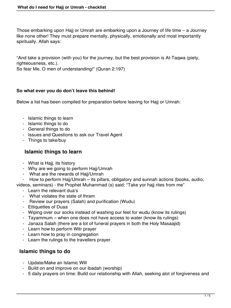 Hajj Umrah Checklist | PDF | Hajj | Islamic Behaviour And Experience Hajj Umrah Checklist | PDF | Hajj | Islamic Behaviour And Experience