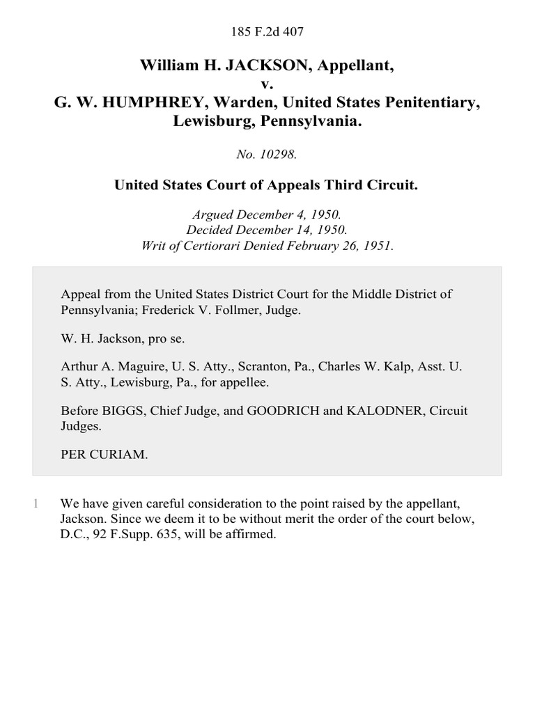 William H. Jackson v. G. W. Humphrey, Warden, United States ...