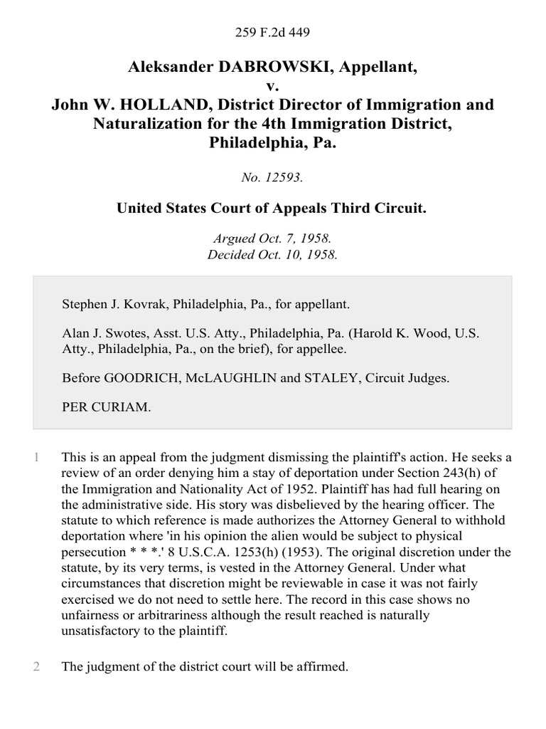 Aleksander Dabrowski v. John W. Holland, District Director of Immigration and Naturalization For ...