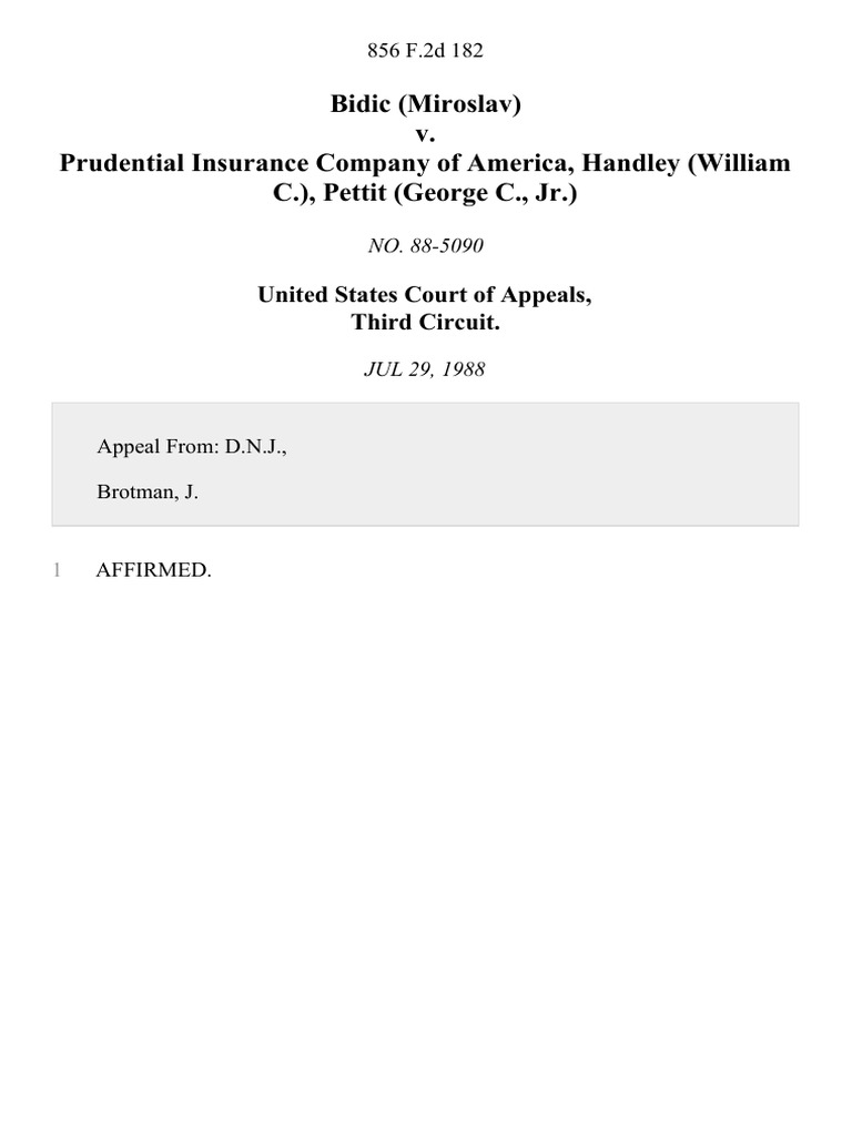 Bidic (Miroslav) v. Prudential Insurance Company of America, Handley ...