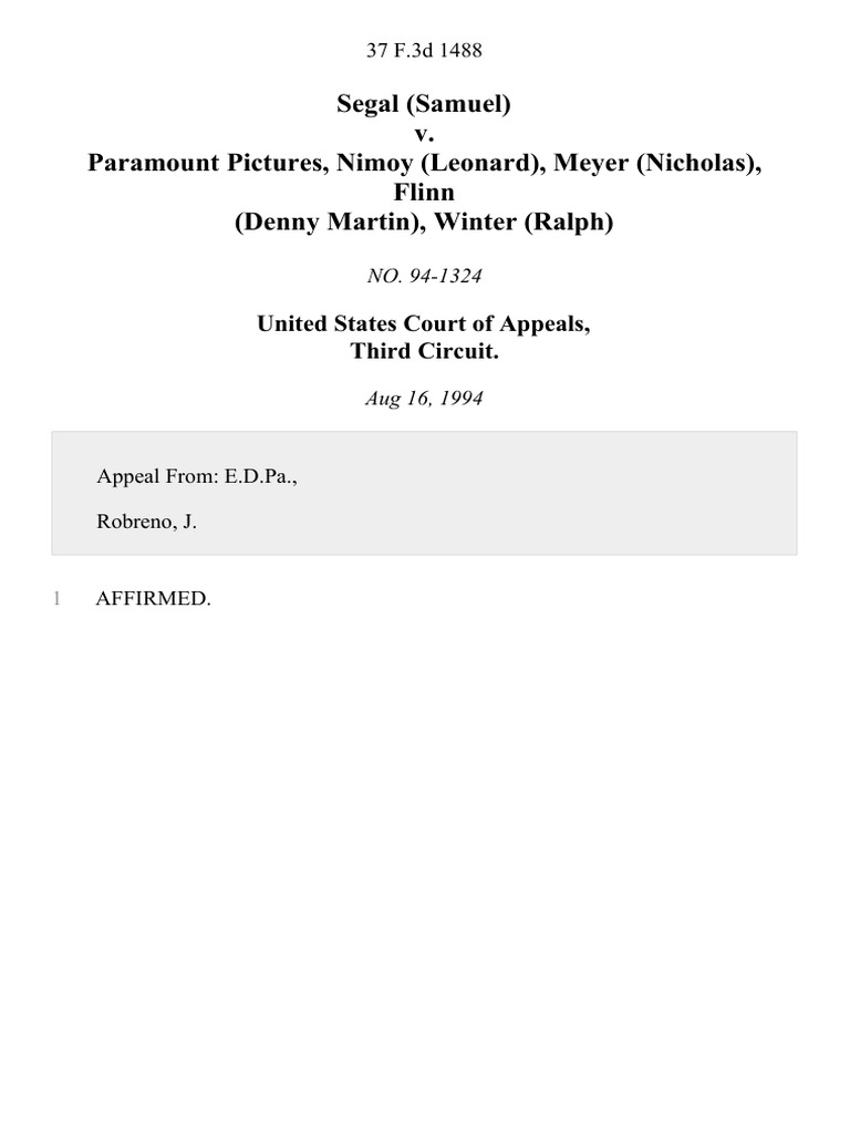 Segal (Samuel) v. Paramount Pictures, Nimoy (Leonard), Meyer (Nicholas ...