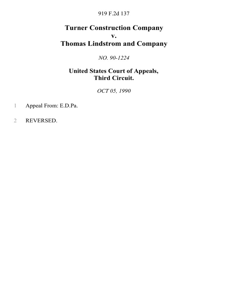 Turner Construction Company v. Thomas Lindstrom and Company, 919 F.2d ...