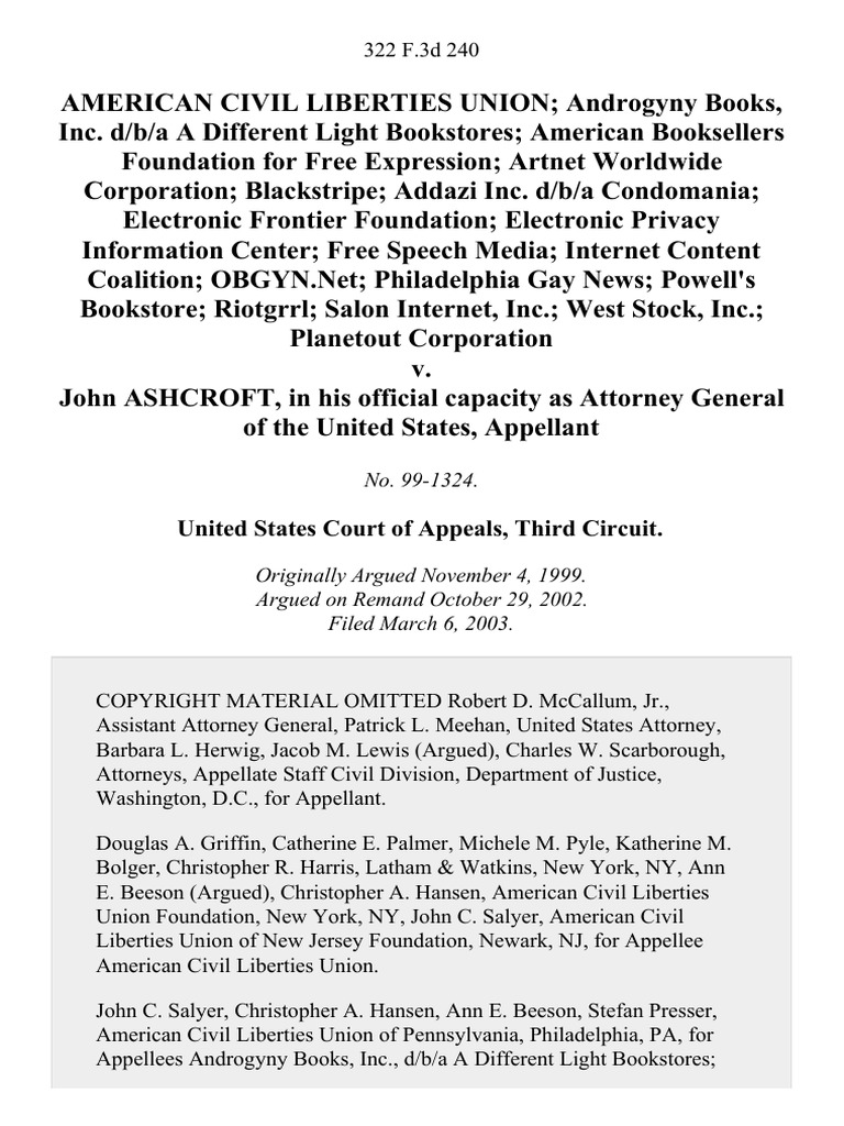 ACLU v. Ashcroft, 322 F.3d 240, 3rd Cir. (2003) | PDF | Supreme Court ...