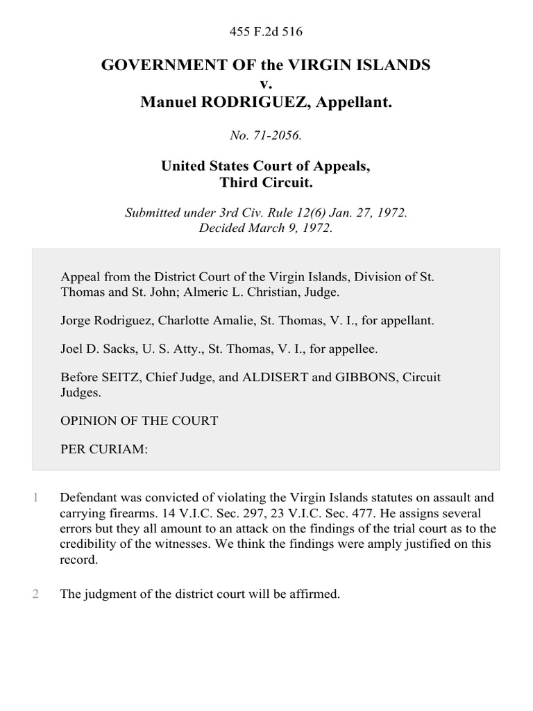 Government of The Virgin Islands v. Manuel Rodriguez, 455 F.2d 516, 3rd Cir. (1972) | PDF ...