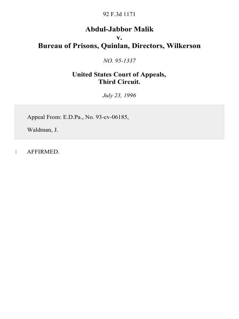 Abdul-Jabbor Malik v. Bureau of Prisons, Quinlan, Directors, Wilkerson ...