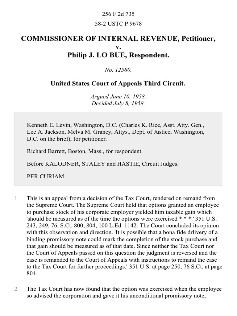Commissioner of Internal Revenue v. Philip J. Lo Bue, 256 F.2d 735, 3rd ...