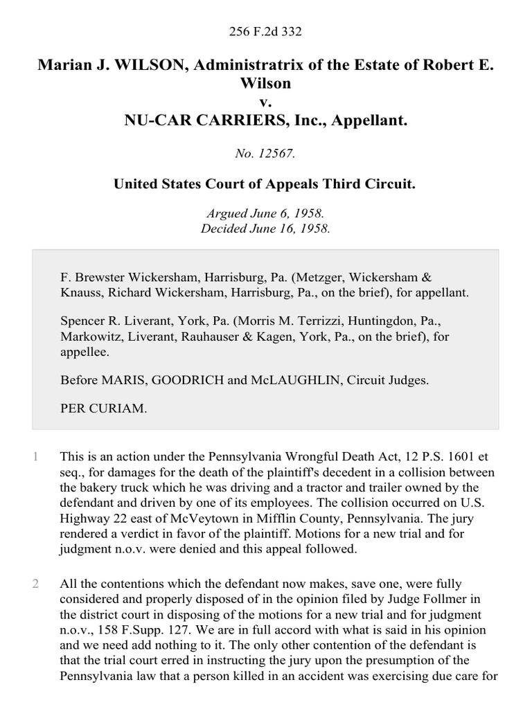 Marian J. Wilson, Administratrix of The Estate of Robert E. Wilson v. Nu-Car Carriers, Inc., 256 ...