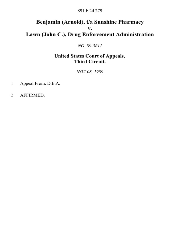 Benjamin (Arnold), T/a Sunshine Pharmacy v. Lawn (John C.), Drug ...