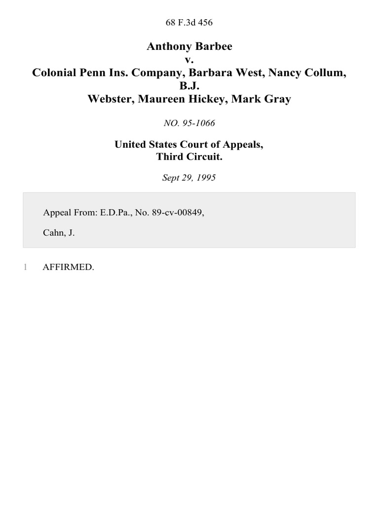 Anthony Barbee v. Colonial Penn Ins. Company, Barbara West, Nancy ...