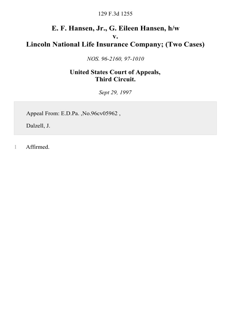 E. F. Hansen, JR., G. Eileen Hansen, H/W v. Lincoln National Life ...