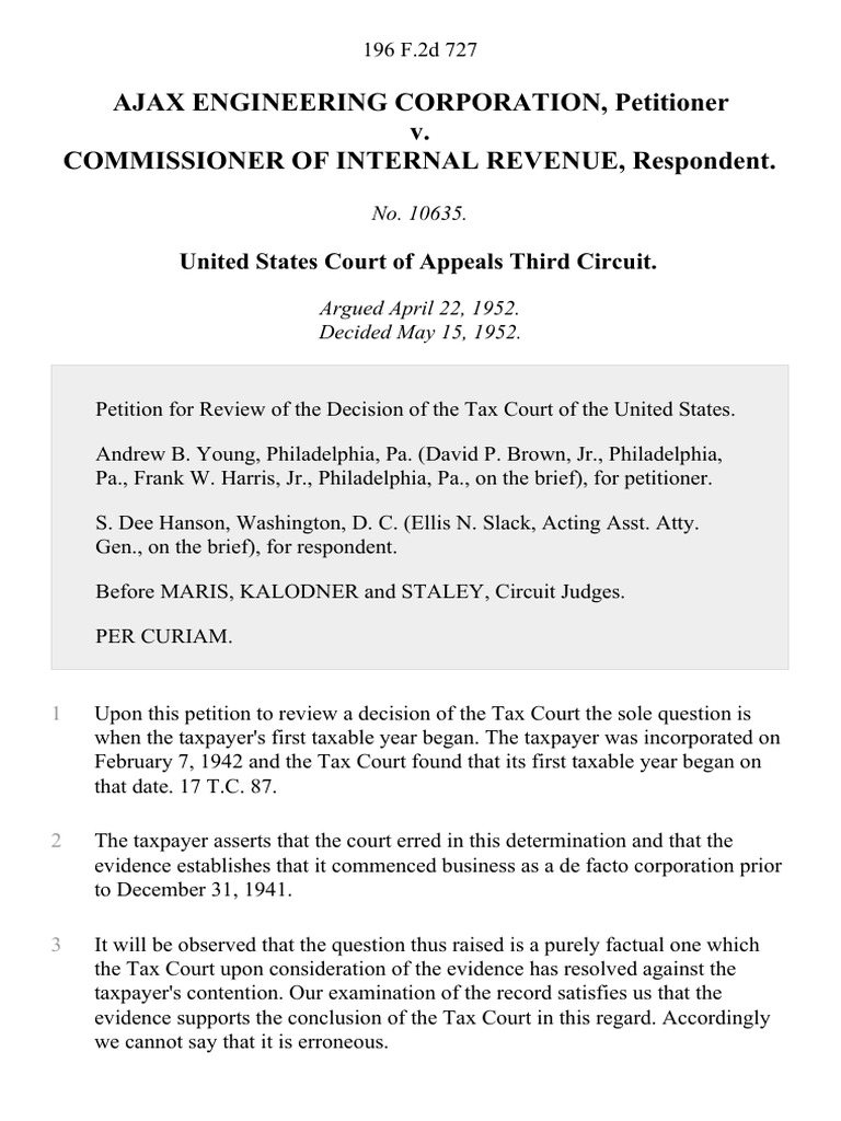Ajax Engineering Corporation v. Commissioner of Internal Revenue, 196 F ... Ajax Engineering Corporation v. Commissioner of Internal Revenue, 196 F ...