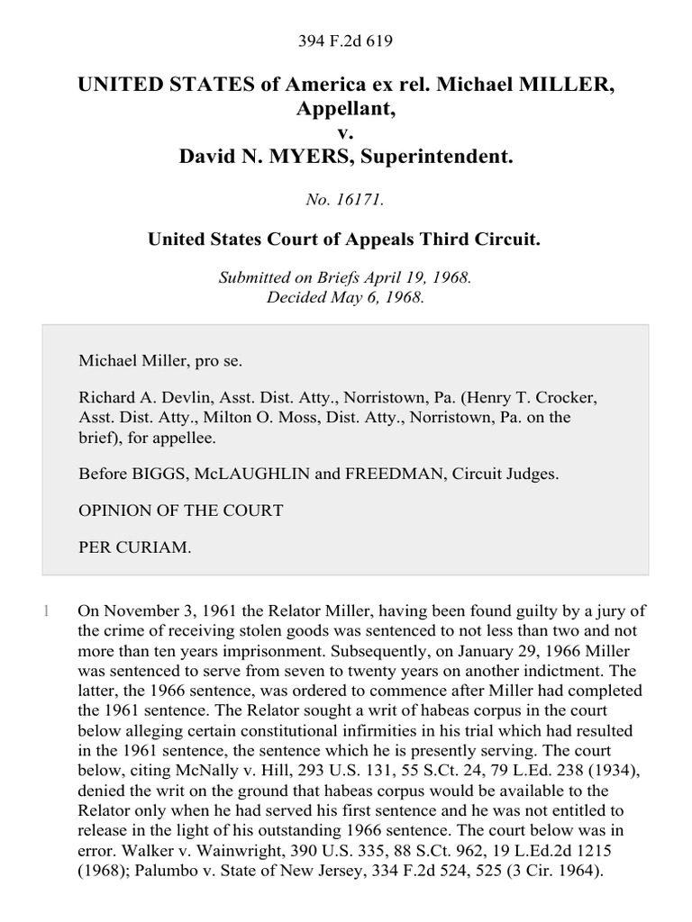 Miller v. Myers: Habeas Corpus Appeal | PDF | Law