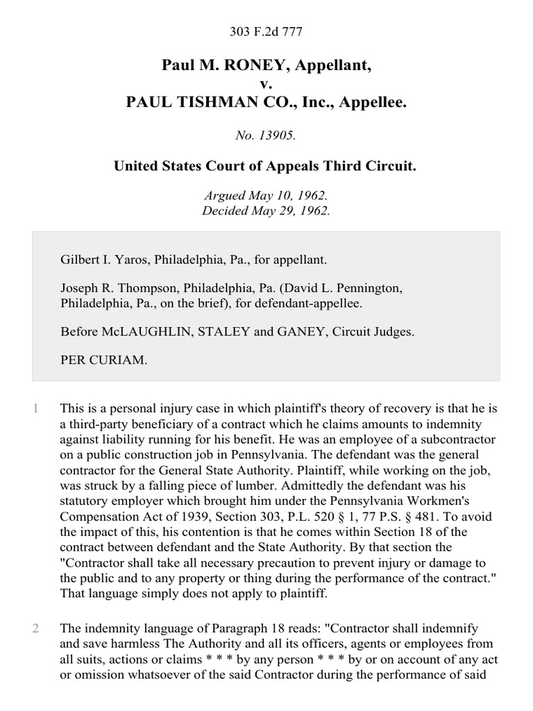 Paul M. Roney v. Paul Tishman Co., Inc., 303 F.2d 777, 3rd Cir. (1962 ...