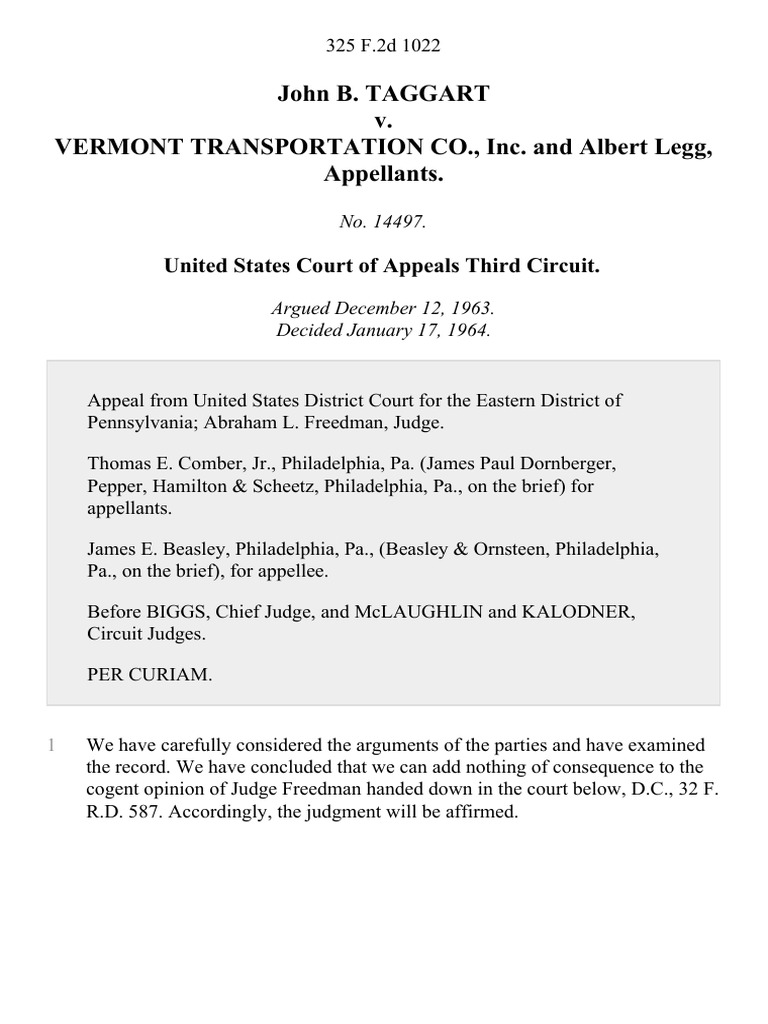 John B. Taggart v. Vermont Transportation Co., Inc. and Albert Legg ...