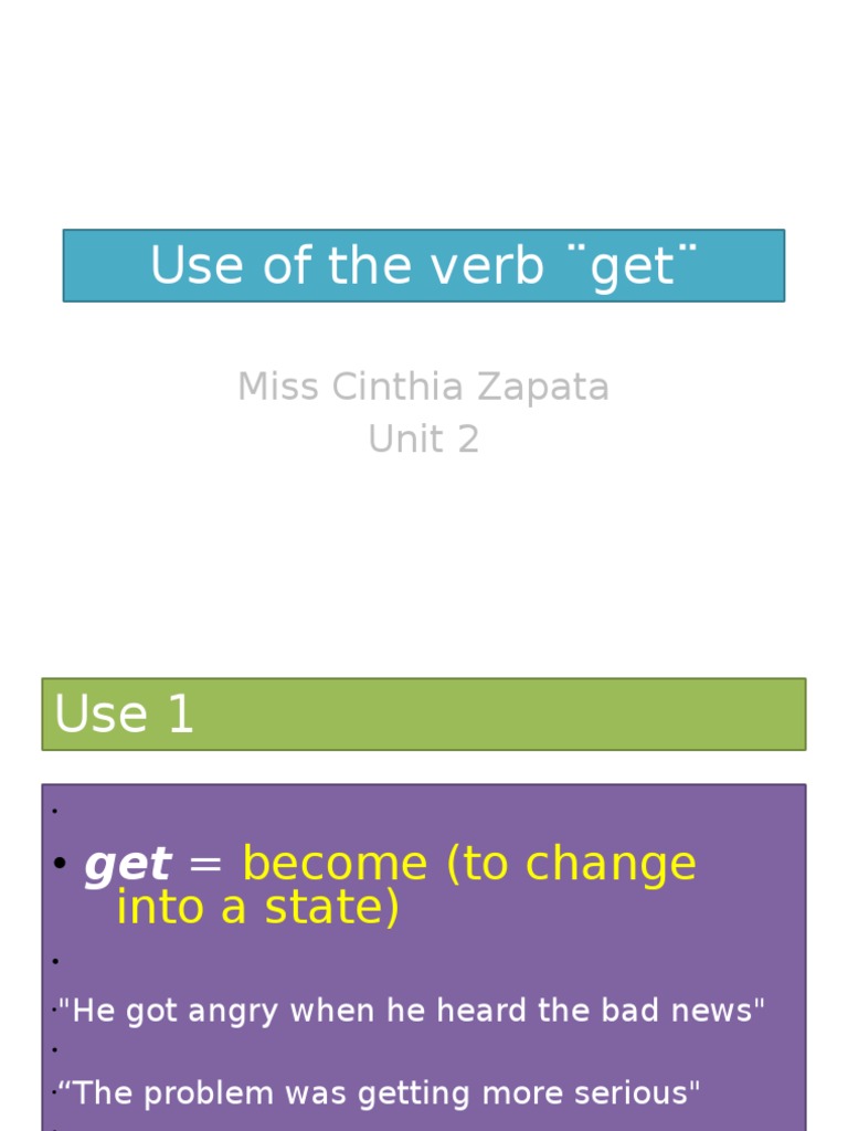 Use of The Verb Get : Miss Cinthia Zapata Unit 2 | PDF | Syntactic ...