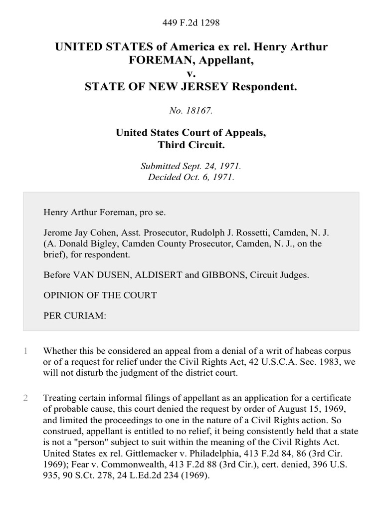 United States of America Ex Rel. Henry Arthur Foreman v. State of New ...