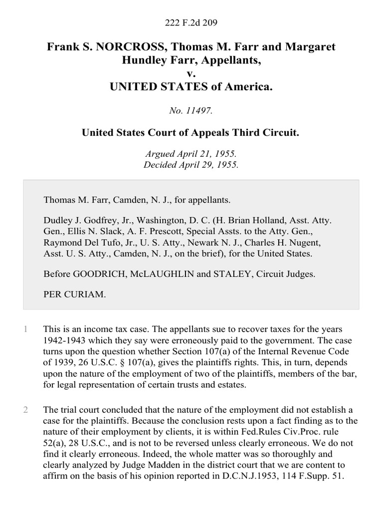 Frank S. Norcross, Thomas M. Farr and Margaret Hundley Farr v. United ...