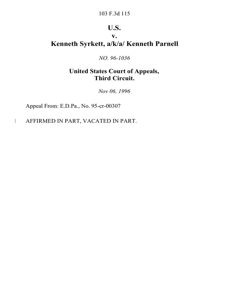 United States v. Kenneth Syrkett, A/k/a/ Kenneth Parnell, 103 F.3d 115 ...