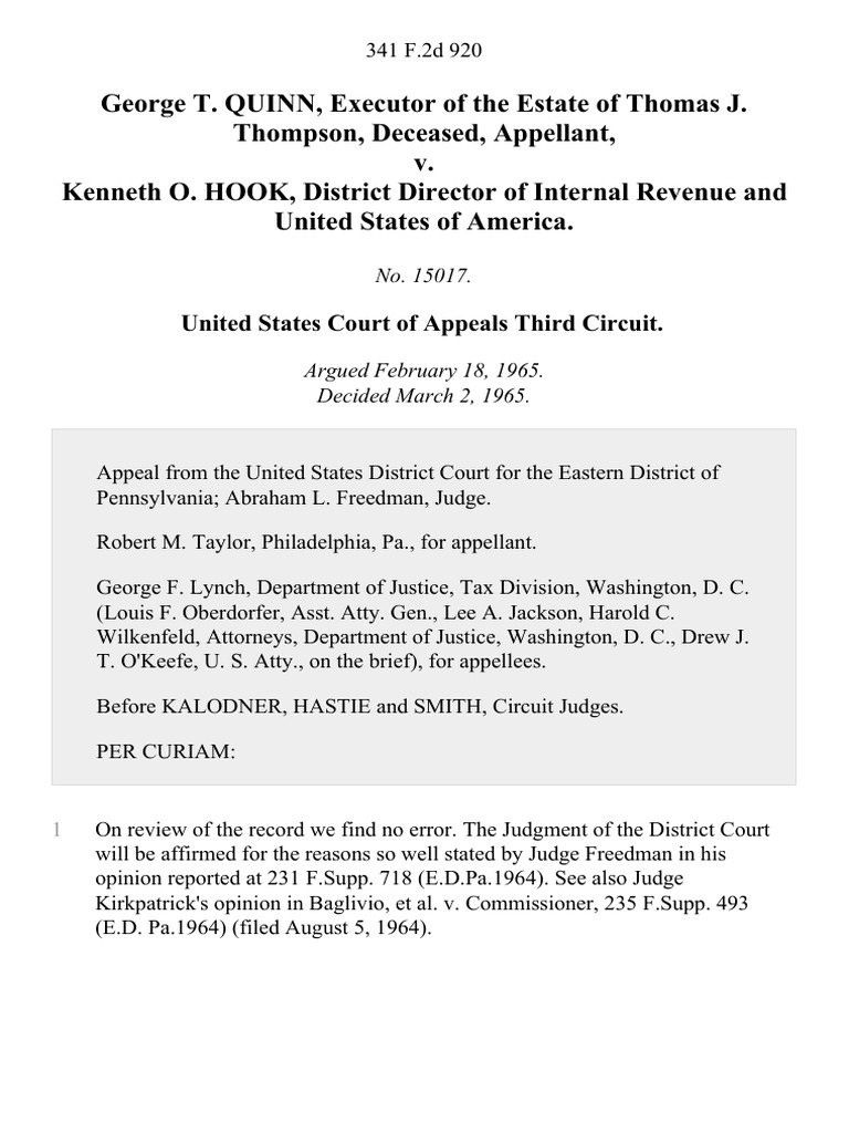 Quinn v. Hook: Estate Tax Appeal Case | PDF | Social Science | Law