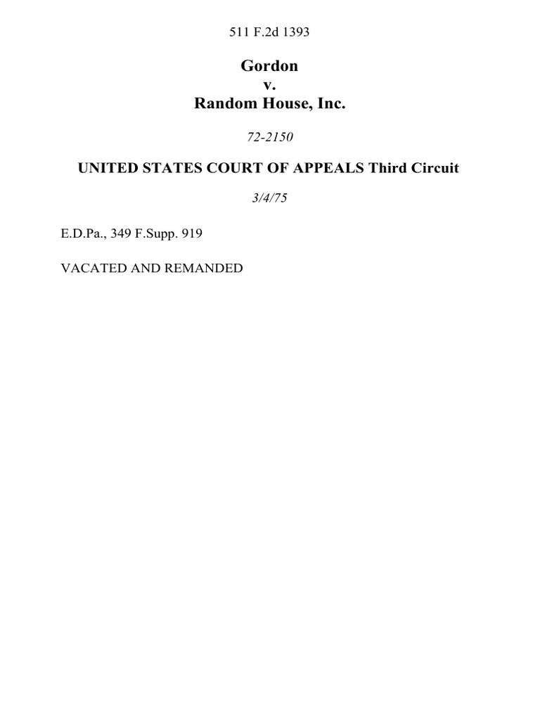 Gordon v. Random House, Inc, 511 F.2d 1393, 3rd Cir. (1975) | PDF