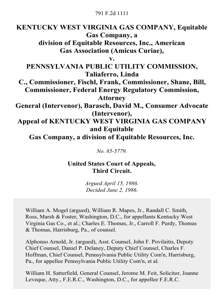 Kentucky West Virginia Gas Company, Equitable Gas Company, a Division ...