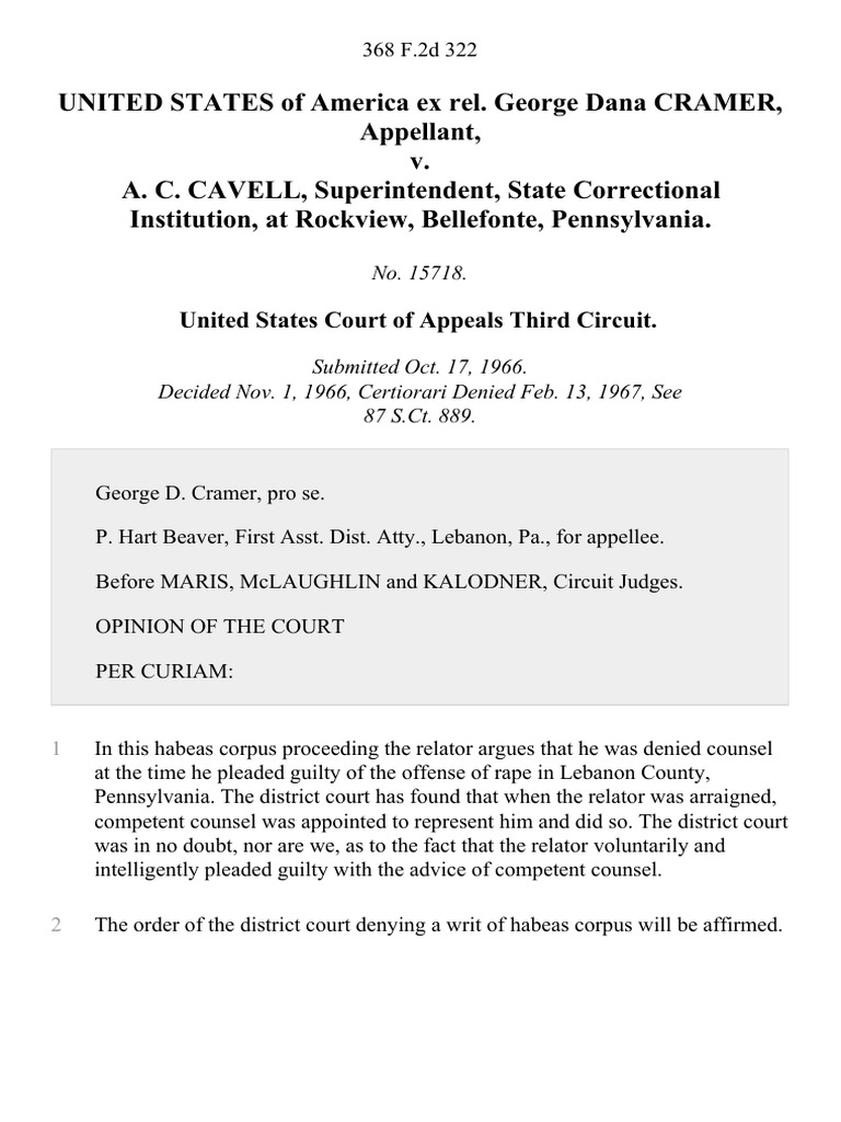 United States of America Ex Rel. George Dana Cramer v. A. C. Cavell ...