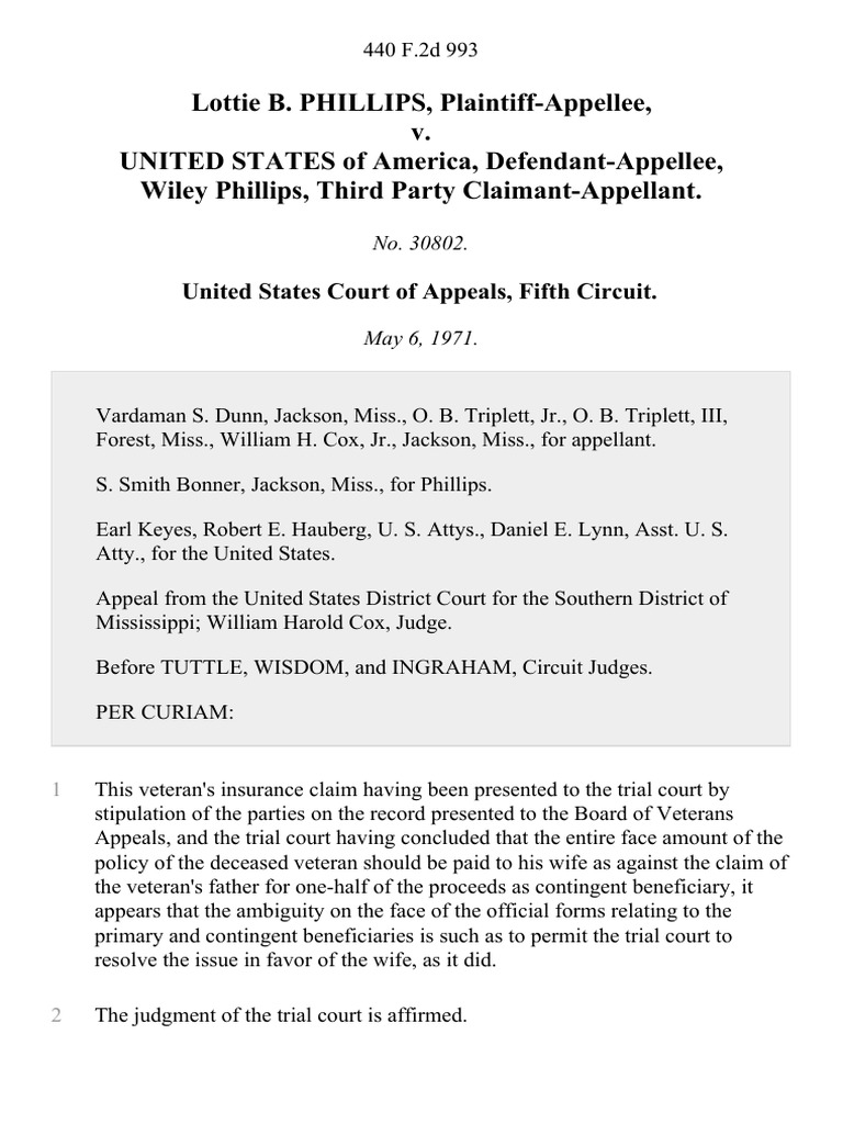 Lottie B. Phillips v. United States of America, Wiley Phillips, Third ...
