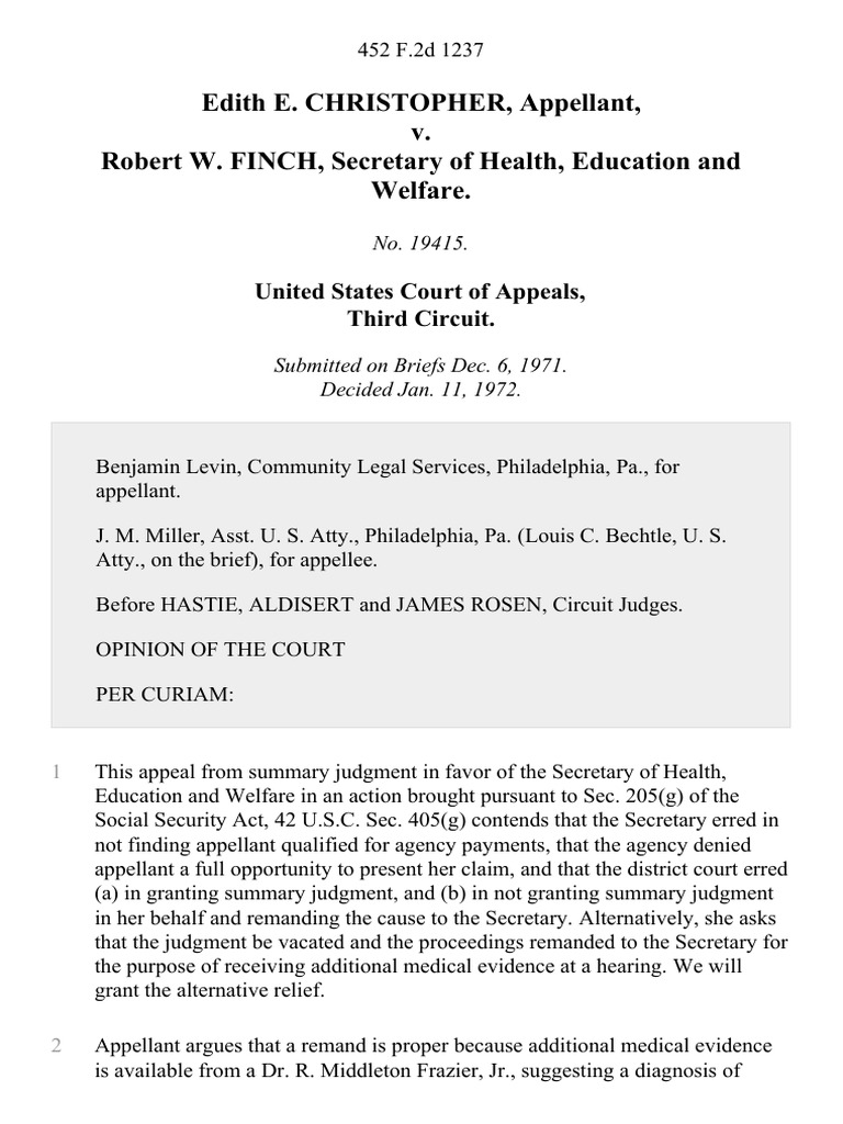 Edith E. Christopher v. Robert W. Finch, Secretary of Health, Education ...