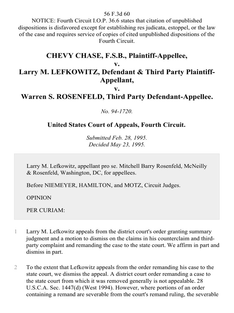 Chevy Chase, F.S.B. v. Larry M. Lefkowitz, & Third Party v. Warren S ...