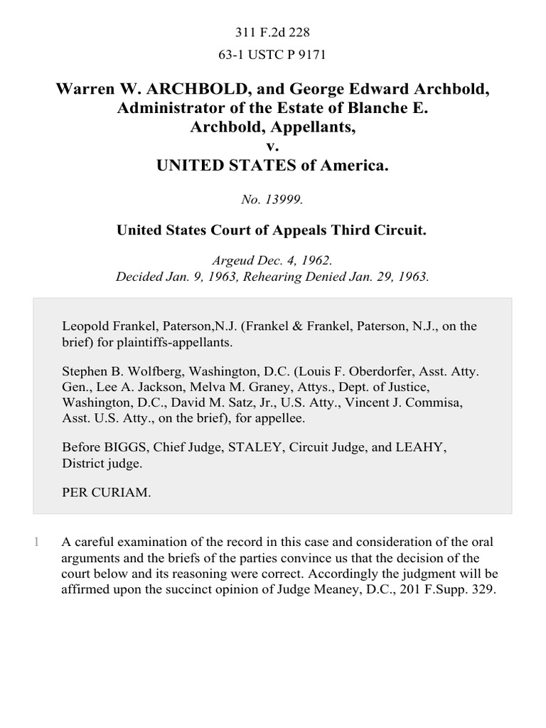 Warren W. Archbold, and George Edward Archbold, Administrator of The Estate of Blanche E ...